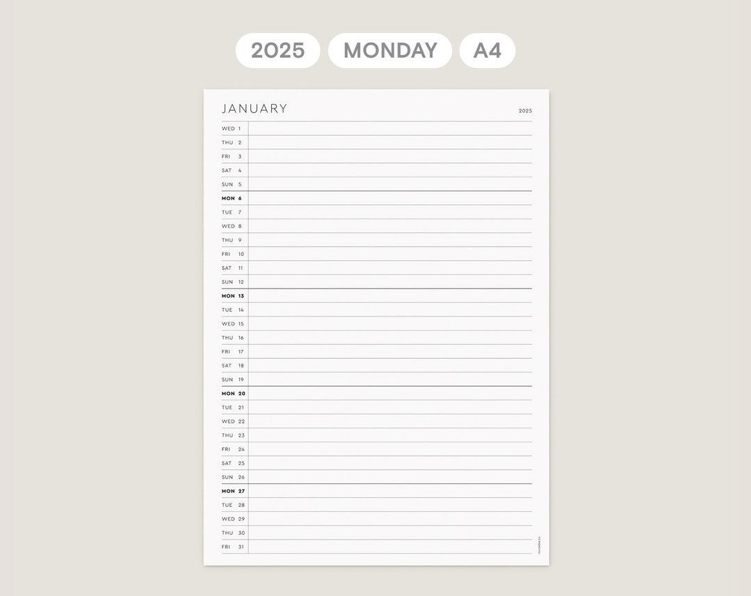 2025 A4 Vertical Monthly Planner Printable | Monday Week Start ...