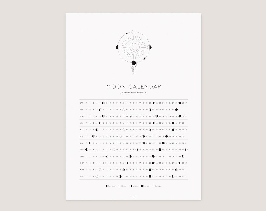 2025 Moon Calendar A3 Printable – Northern Hemisphere – Minimal Lunar ...