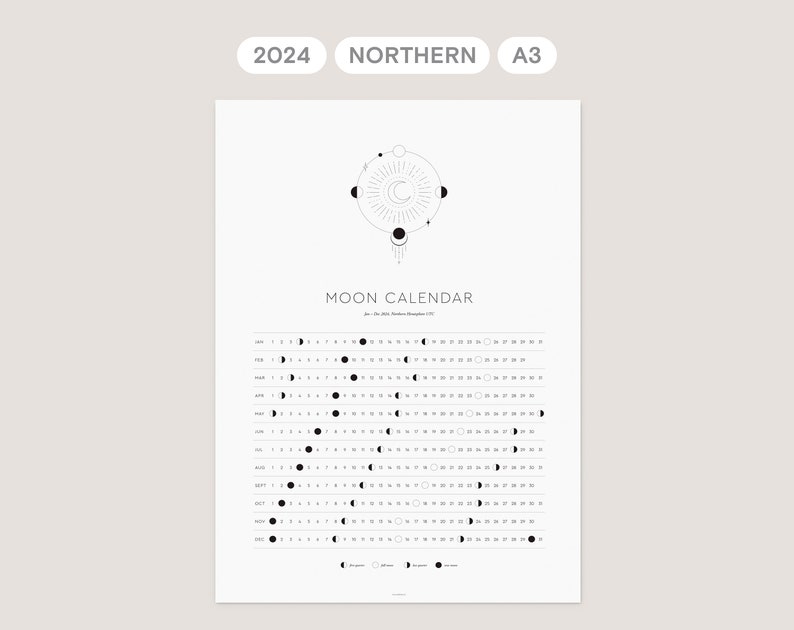 2024 Moon Calendar A3 Printable Northern Hemisphere - Etsy Australia