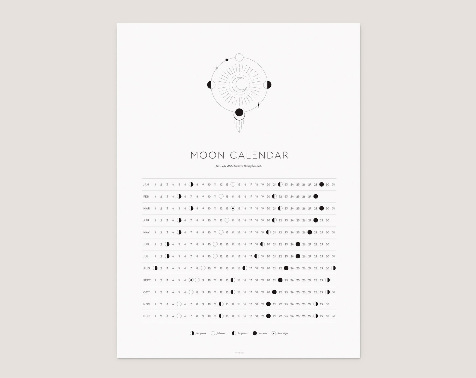 2025 Moon Calendar A3 Printable – Southern Hemisphere – Minimal Lunar ...