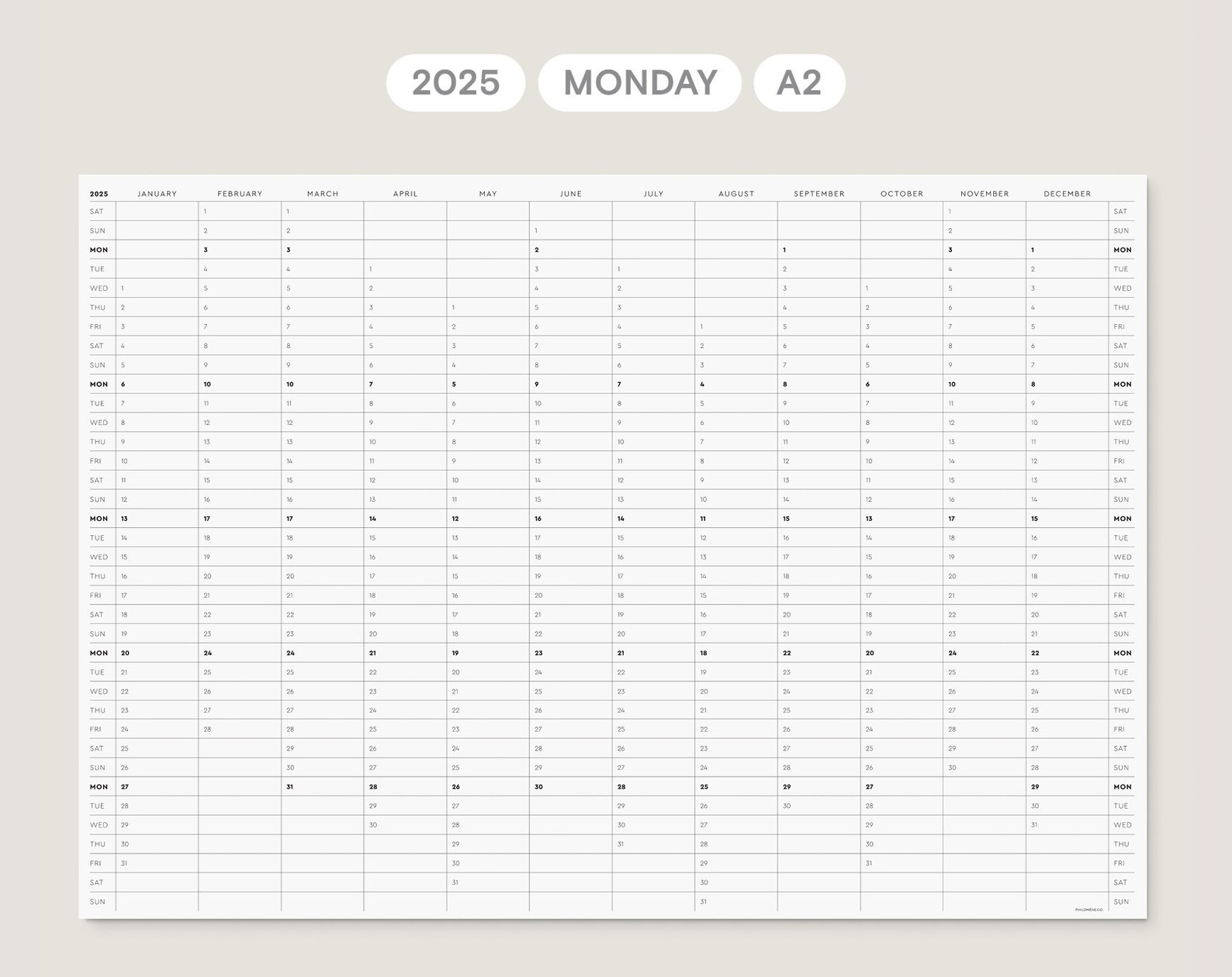 2025 Year in View Planner A2 | Printable Wall Planner | Minimal PDF ...