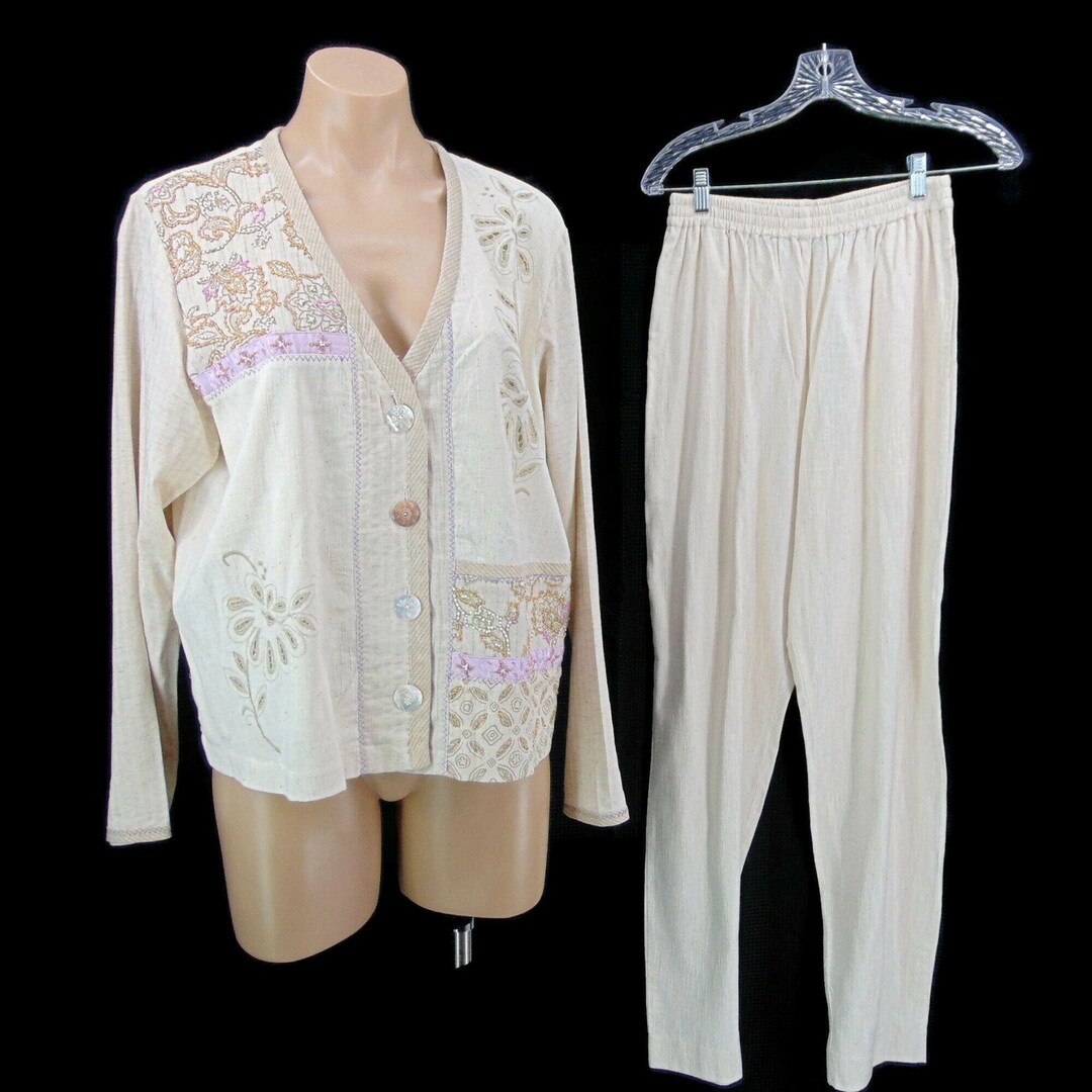 Faith Celia Forrester Cream Embroidered Jacket Pants M 2 Pc Set Vintage ...