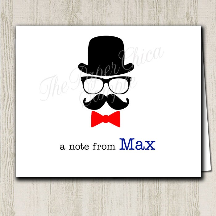 Set of 12 MUSTACHE TOPHAT DESIGN Personalized Note Cards / Folded Note ...