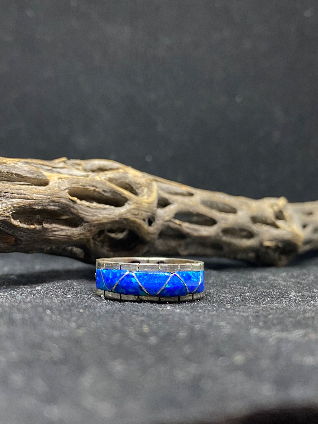 Handmade Native American Zuni Inlay Blue Fire Opal Sterling Silver Band ...
