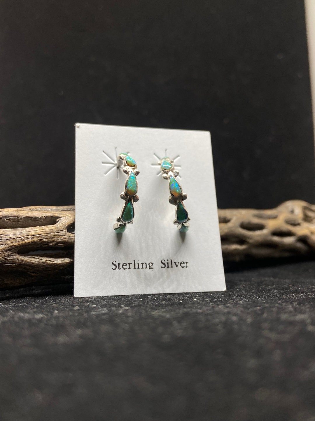 Handmade Native American Zuni Green Fire Opal Sterling Silver Half Hoop ...