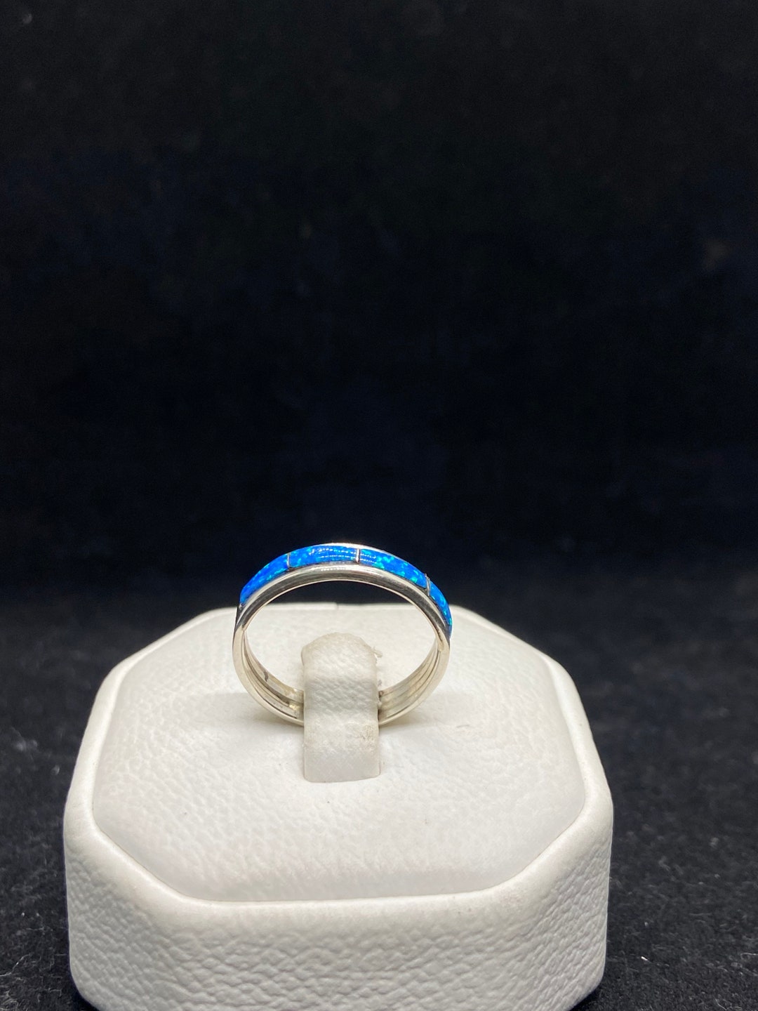 Handmade Native American Zuni Inlay Blue Fire Opal Sterling Silver Band ...