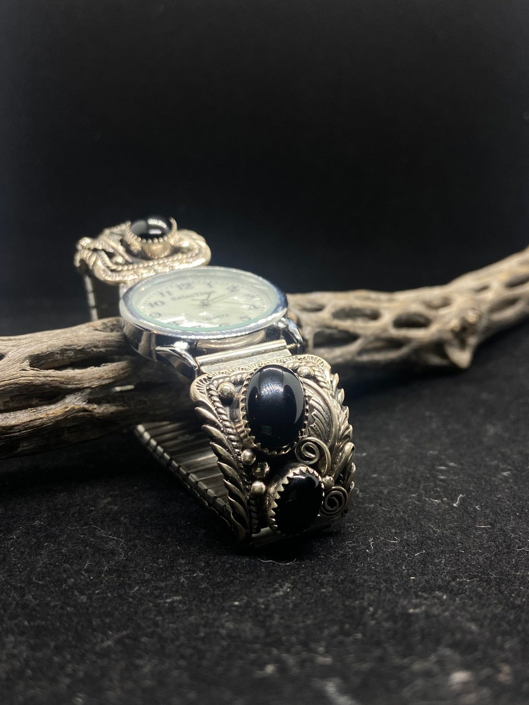 Handmade Native American Navajo Black Onyx Leaf Sterling Silver Men’s ...