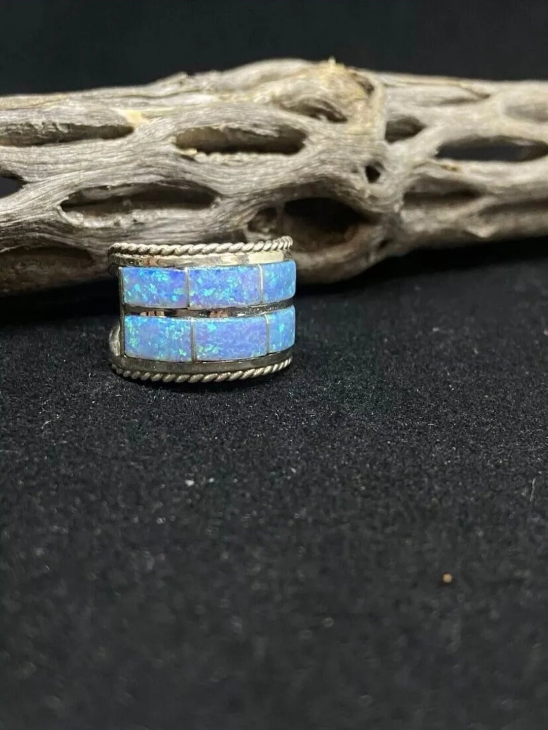 Native American Zuni Inlay Blue Fire Opal Sterling Silver Ring Size 6 ...