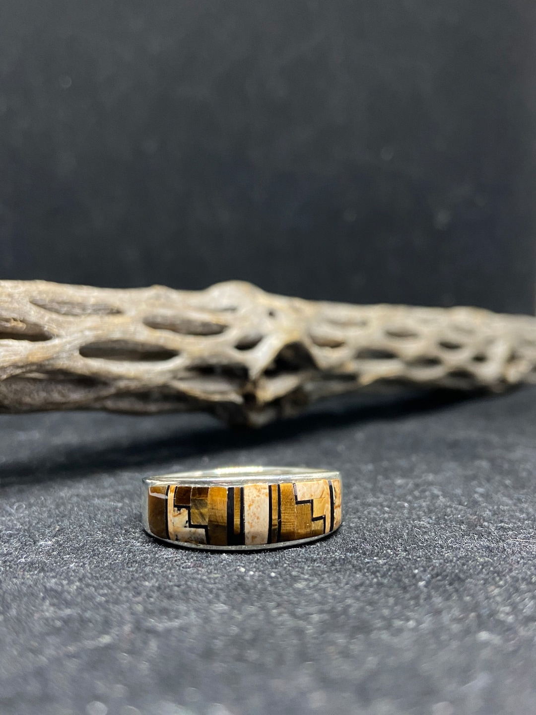 Handmade Native American Navajo Inlay Tiger Eye, Jasper & Jet Mens Band ...