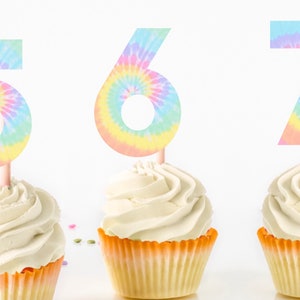 Pastel Tie Dye Cupcake Toppers Set of 12. Tie Dye Party. Tie Dye Number ...
