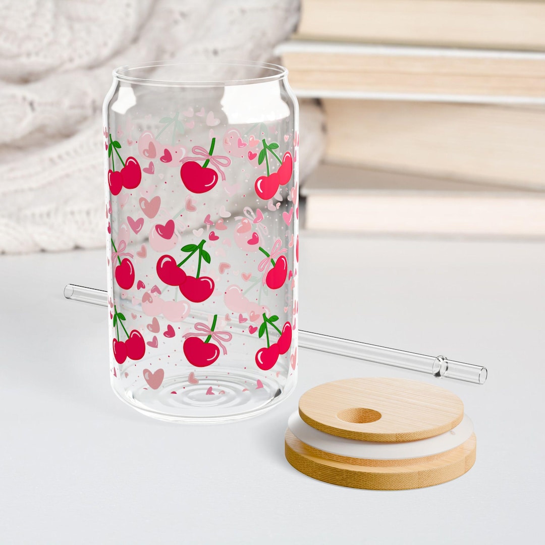 Cherry Print Sipper Glass, Cute Drinking Glass, Cherry Valentines Gift ...