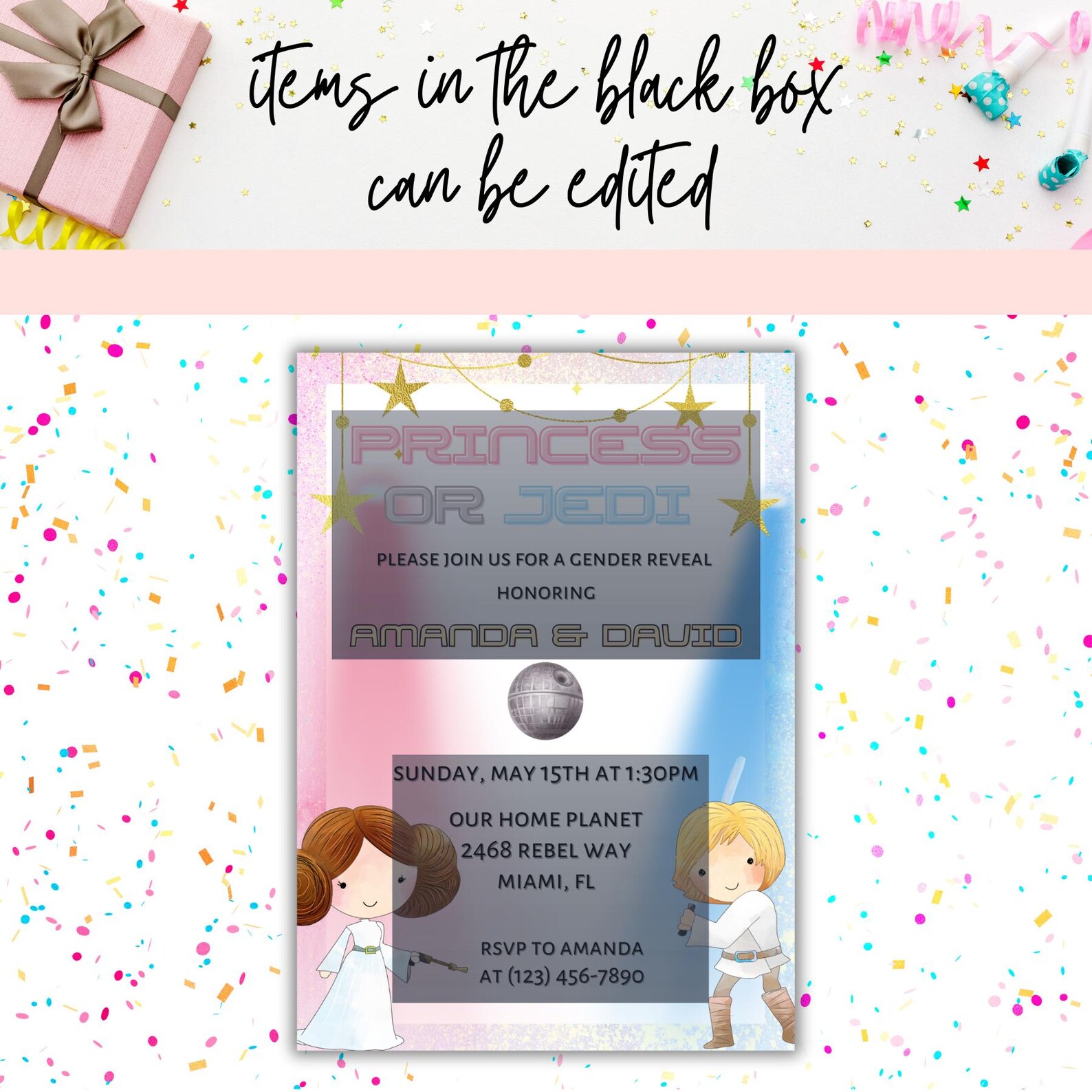 Editable Star Wars Gender Reveal Invitation Template. Princess or Jedi ...