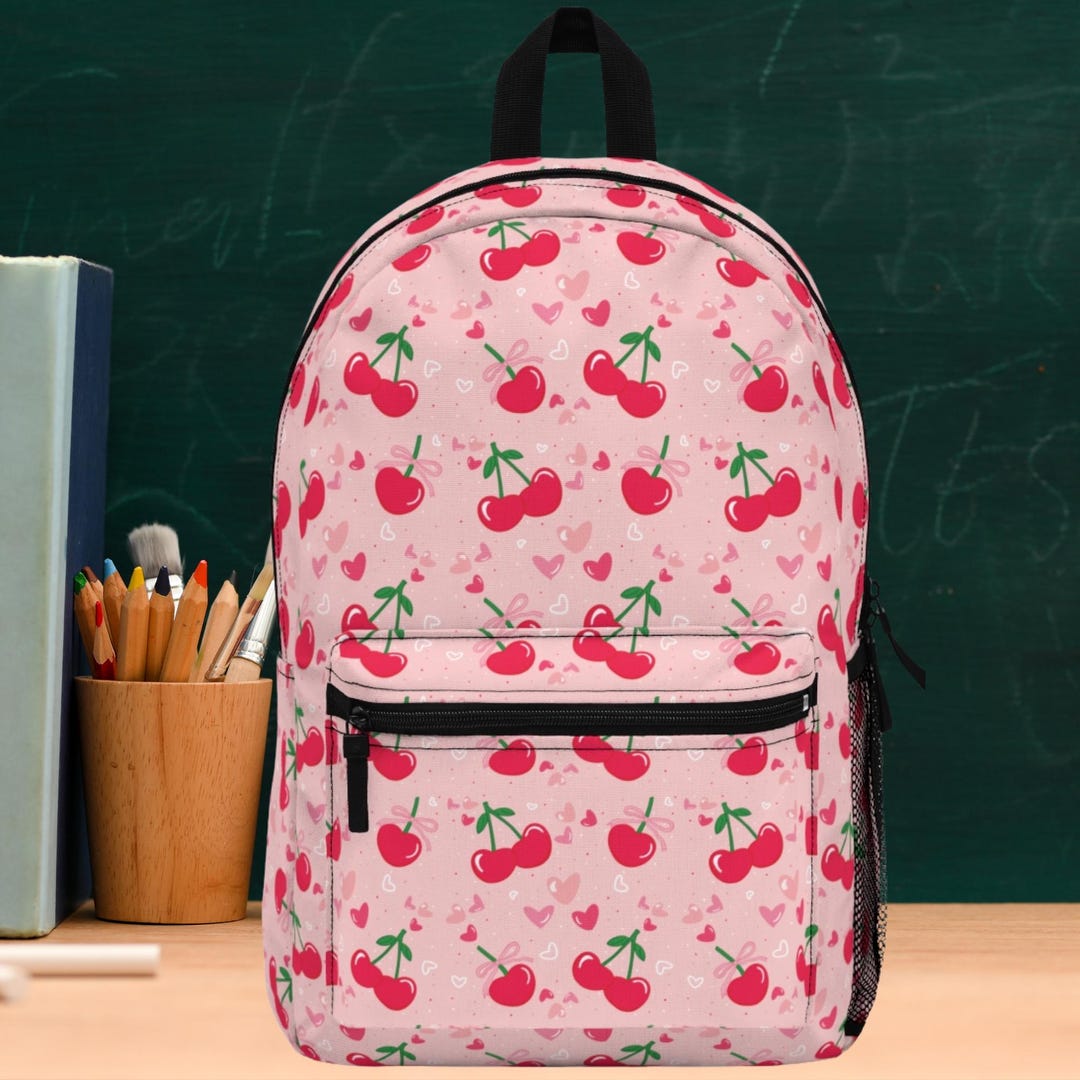 Cherry Print Backpack, Cute Daypack, Sweet Floral School Bag, Trendy ...