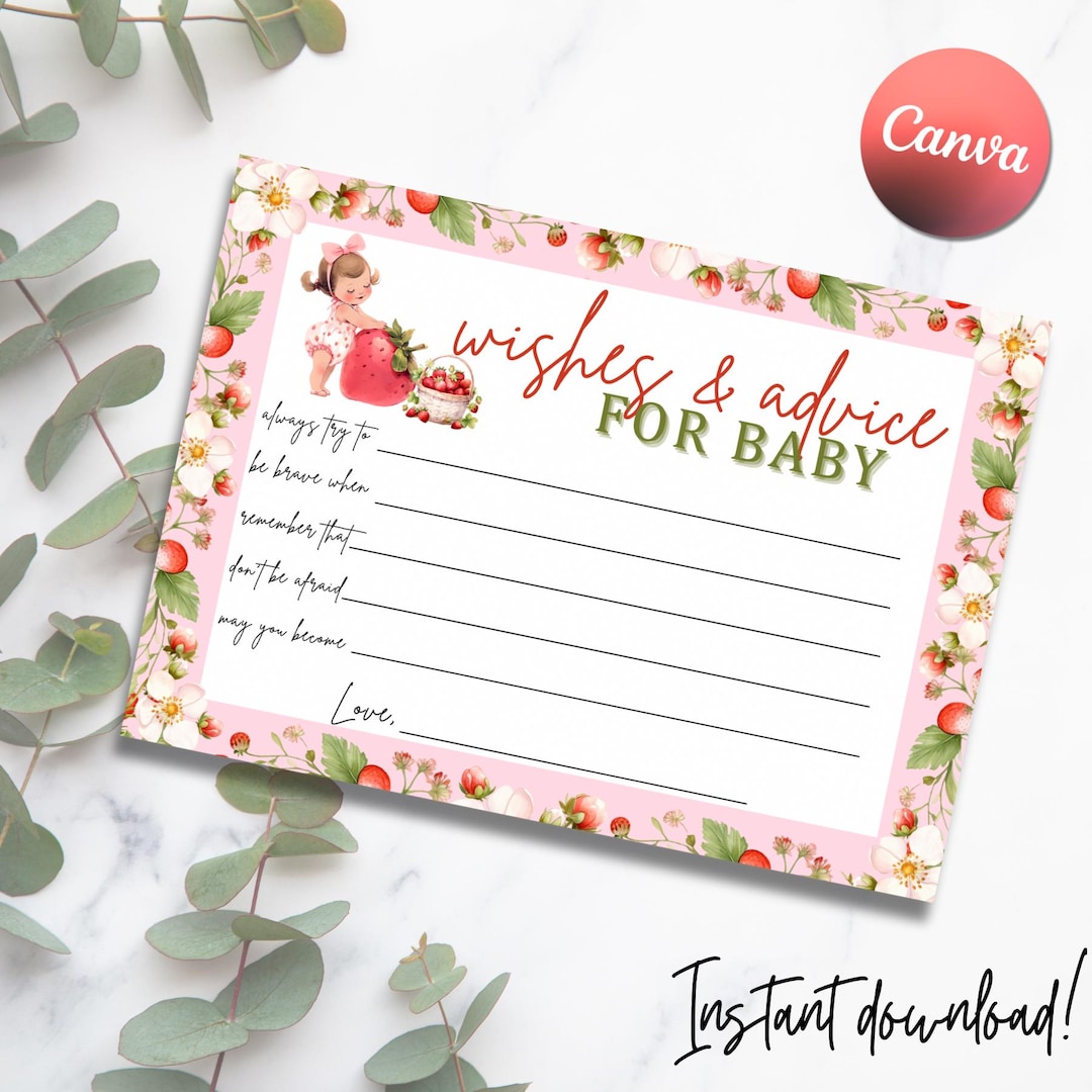 Wishes and Advice Baby Shower Game Template. Berry Sweet Strawberry ...