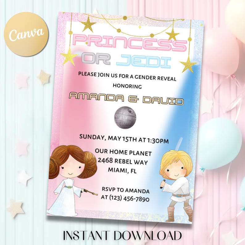 Editable Star Wars Gender Reveal Invitation Template. Princess or Jedi ...
