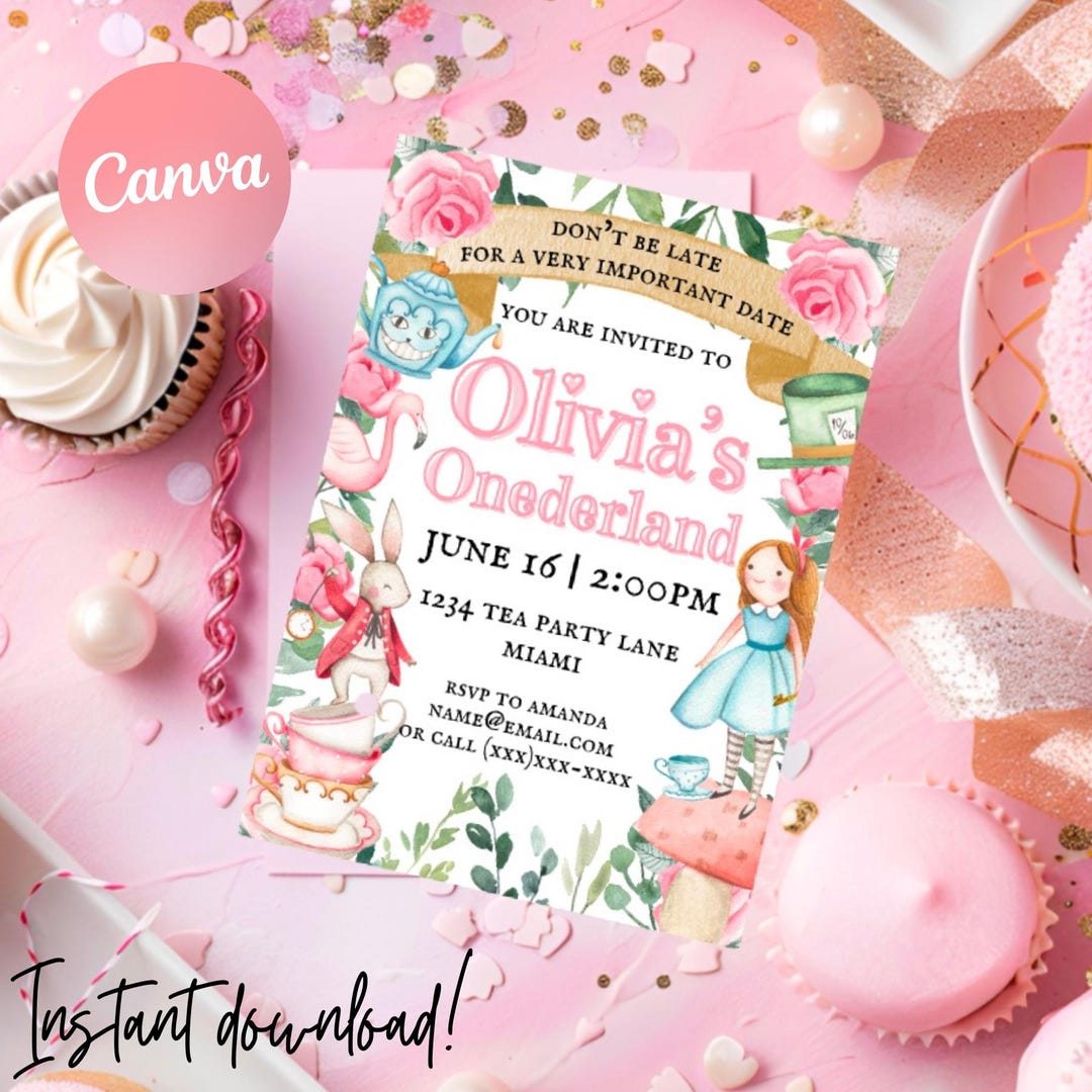 Editable Alice in Wonderland Invitation Template. Onederland Digital ...