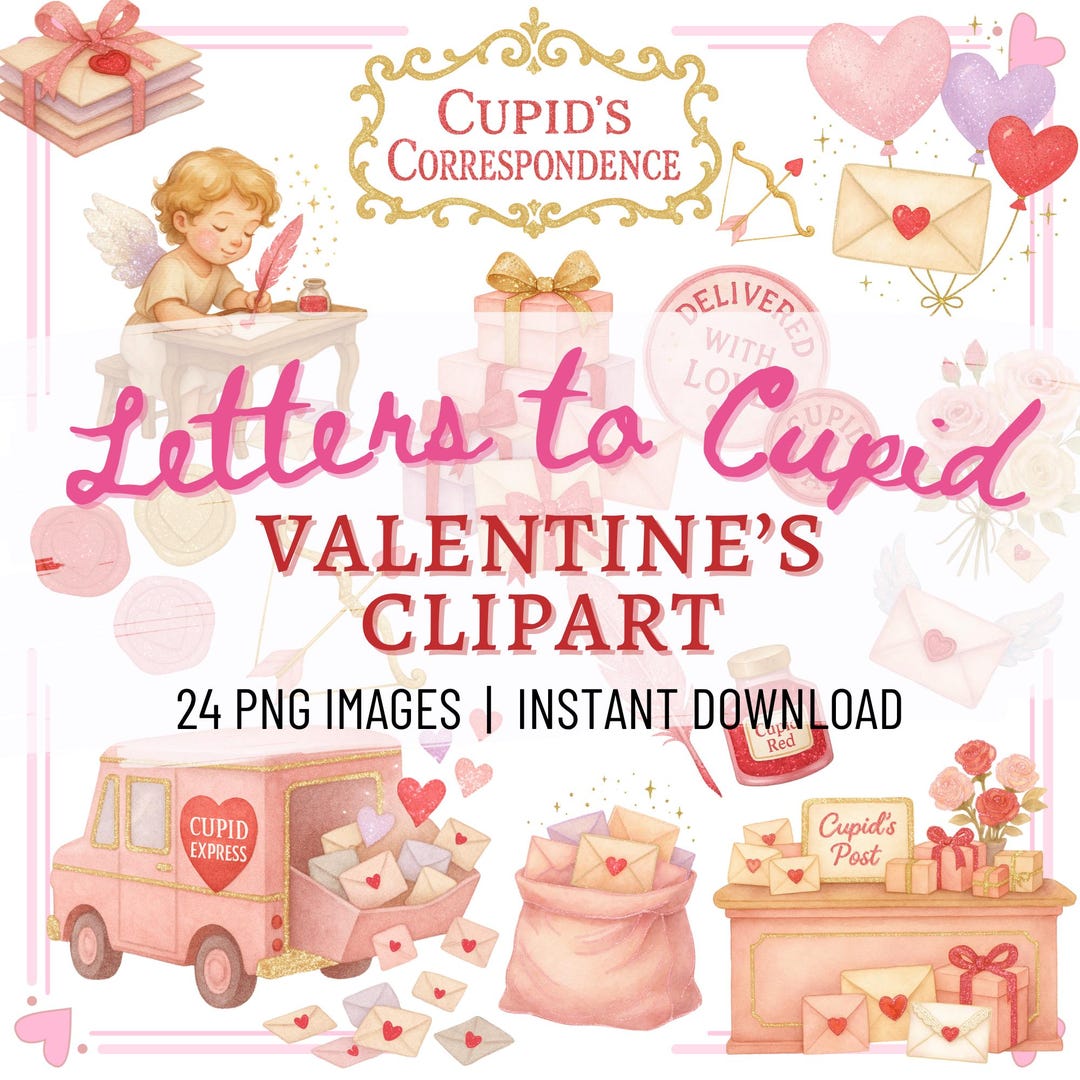 Letters to Cupid Valentine’s Clipart | Whimsical Watercolor PNG Bundle ...