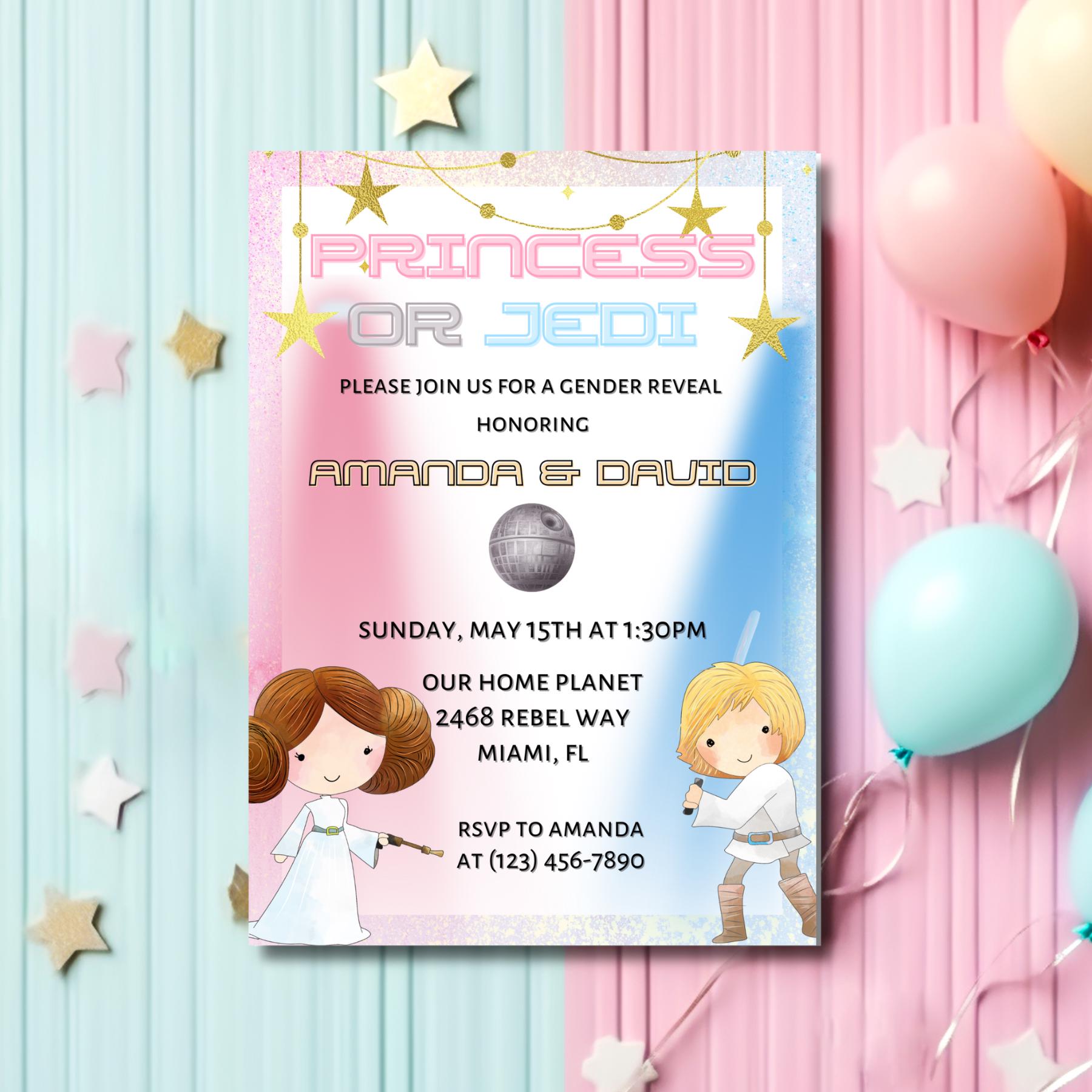 Editable Star Wars Gender Reveal Invitation Template. Princess or Jedi ...