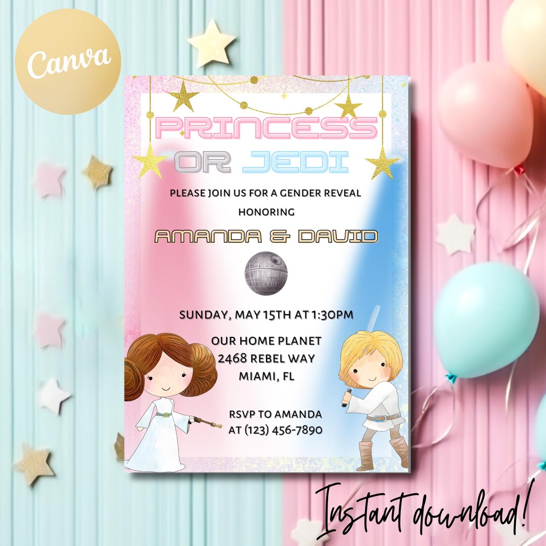 Editable Star Wars Gender Reveal Invitation Template. Princess or Jedi ...