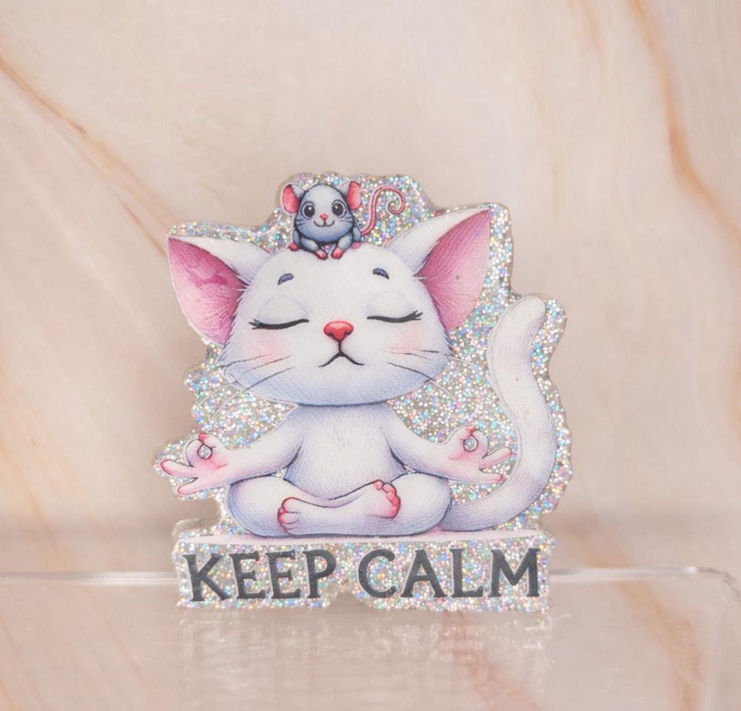 Keep Calm Cat Badge Reel – Cute Glitter Meditating Cat With Mouse ...