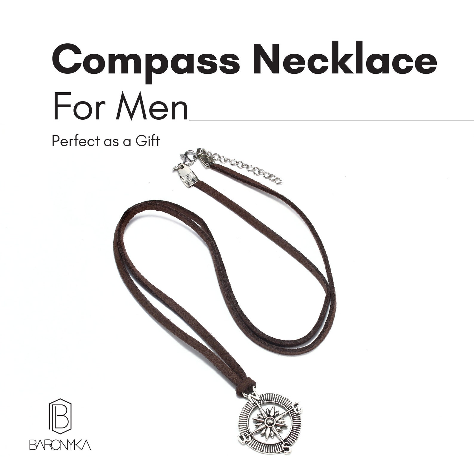 Mens Silver Compass on Brown Suede Cord Necklace Faux Suede - Etsy
