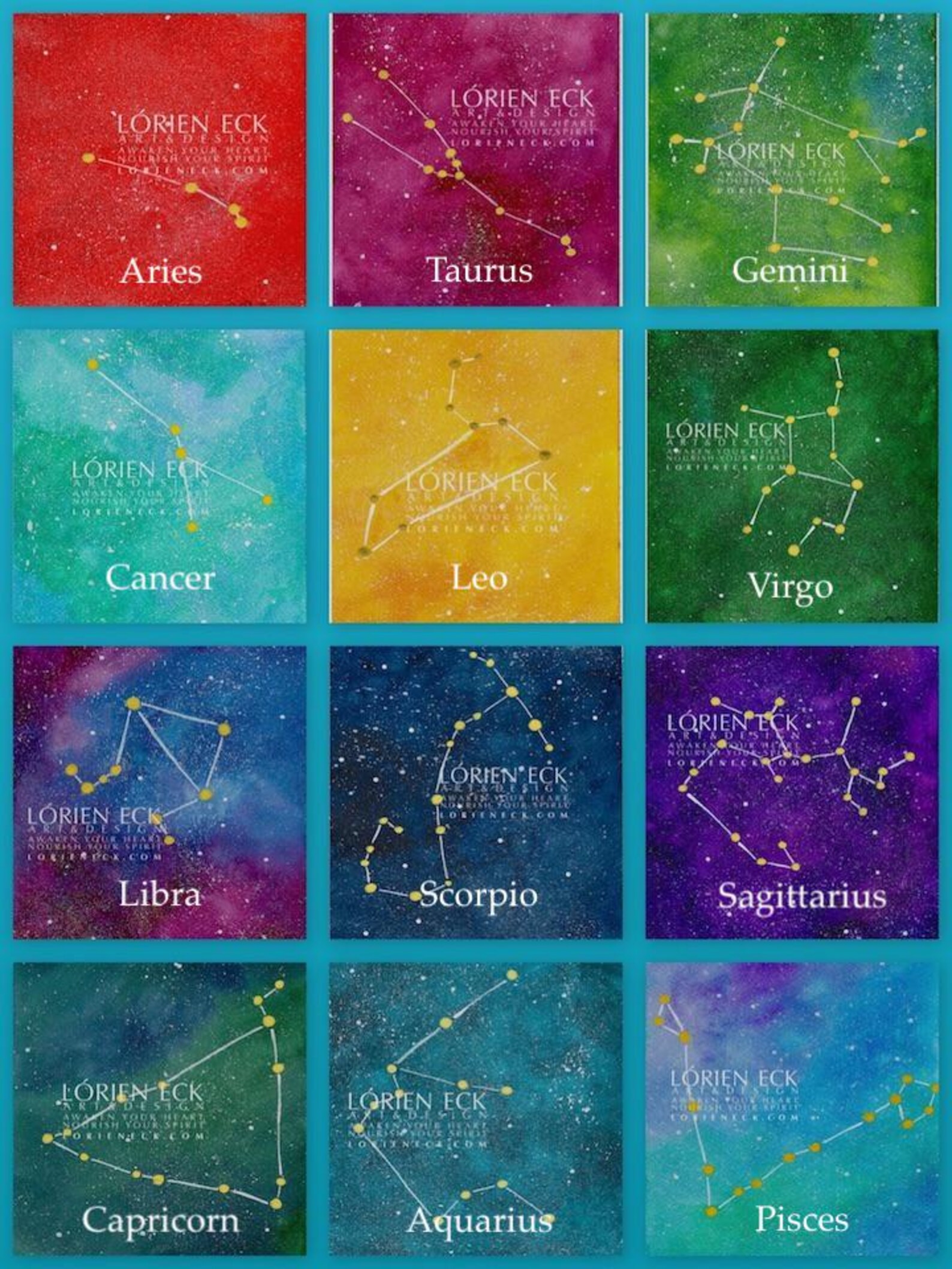 Zodiac Star Constellation Art Note Card Sets - All 12 Zodiac Signs Set ...