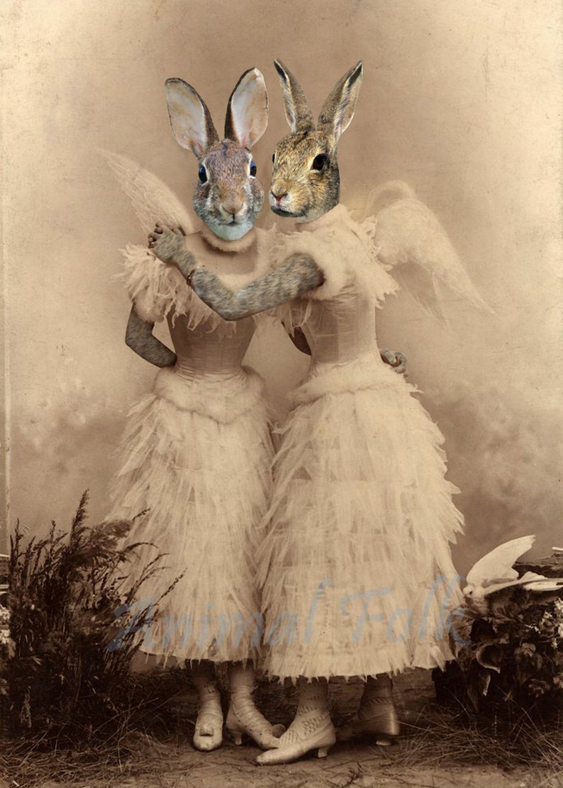 Easter ANGEL BUNNY SISTER Rabbit Art Digital Collage - Etsy