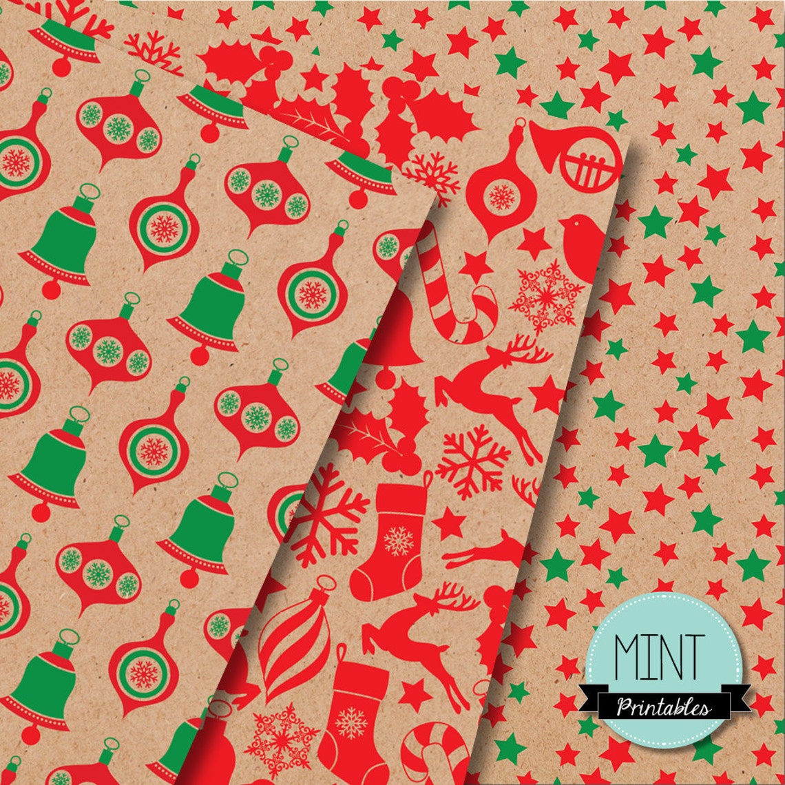 Christmas Scrapbooking Paper Christmas Digital Paper Kraft | Etsy