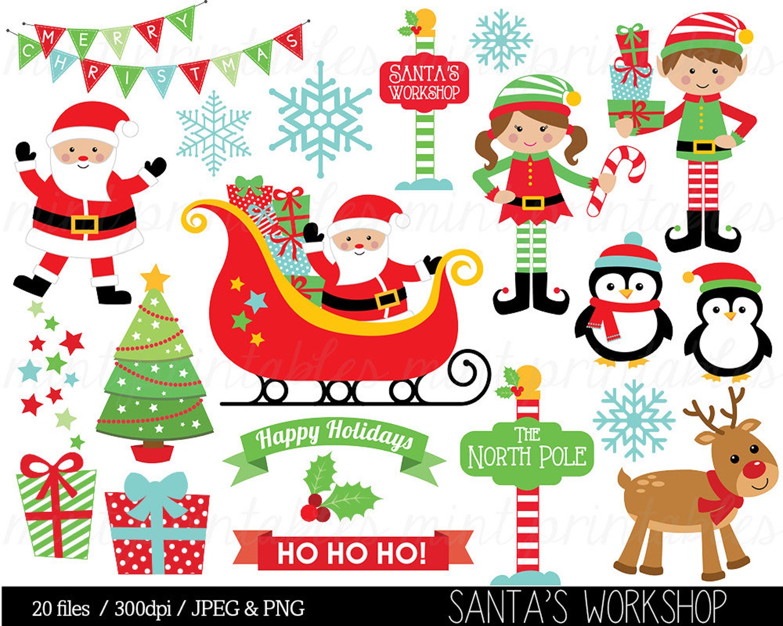 Christmas Clipart, Santa Claus Clip Art, Elf, Elves, Sleigh, Reindeer ...