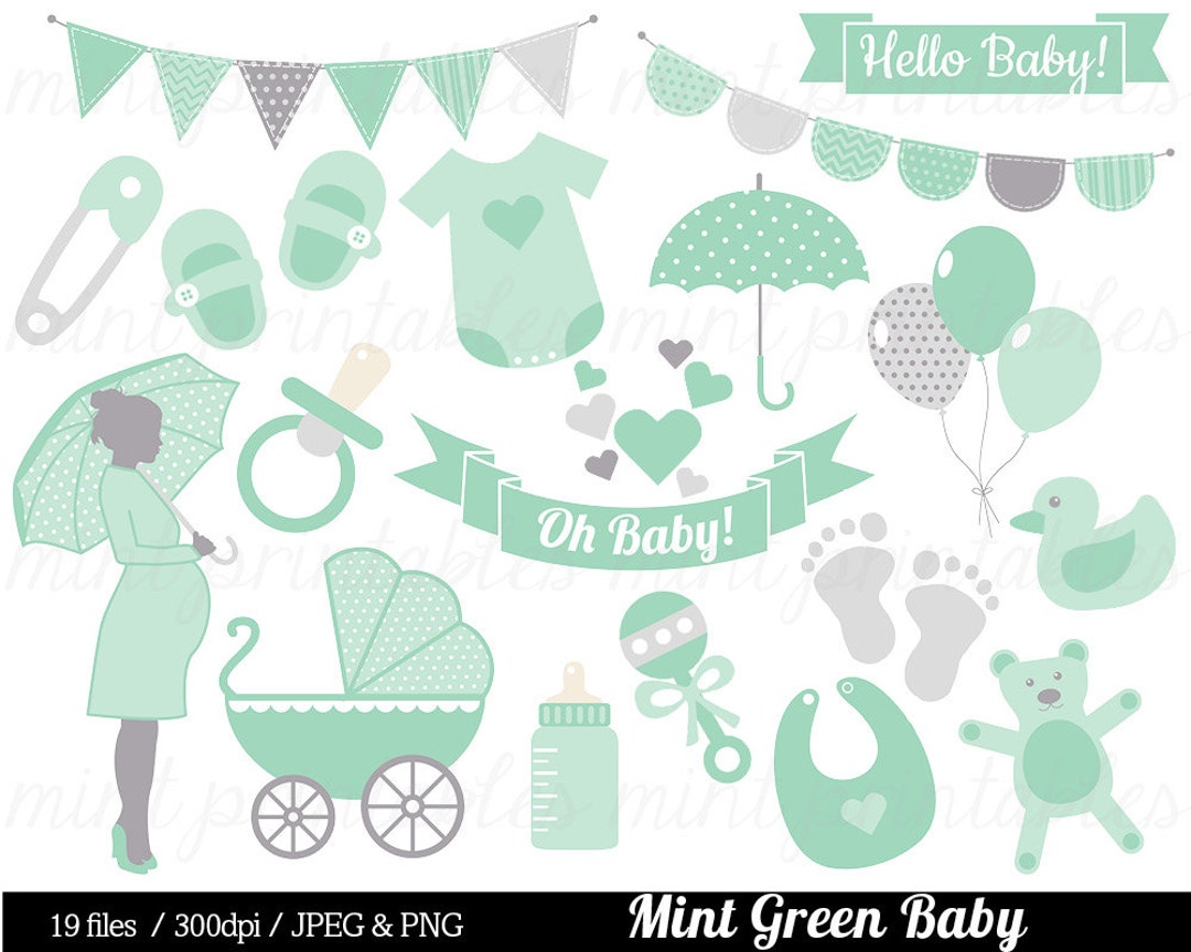 Baby Shower Clipart, Mint Green Baby Clipart, Baby Clip Art, Boy Girl ...
