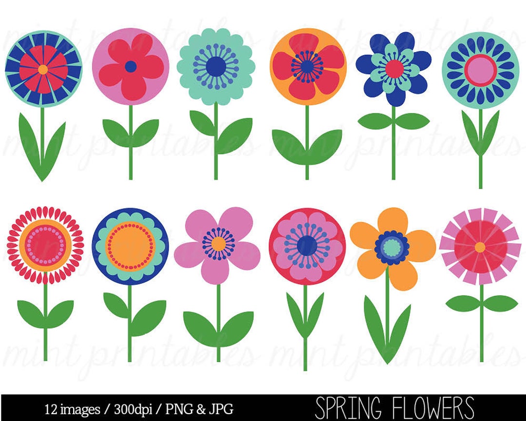 Flower Clipart Clip Art, Bright Flowers, Retro Vintage Flowers, Floral ...