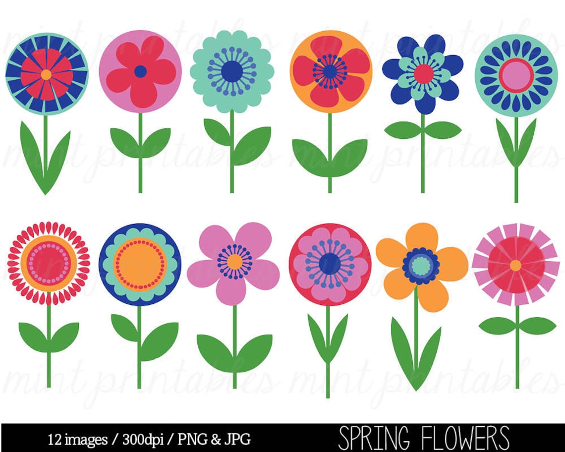 Flower Clipart Clip Art Bright Flowers Retro Vintage - Etsy