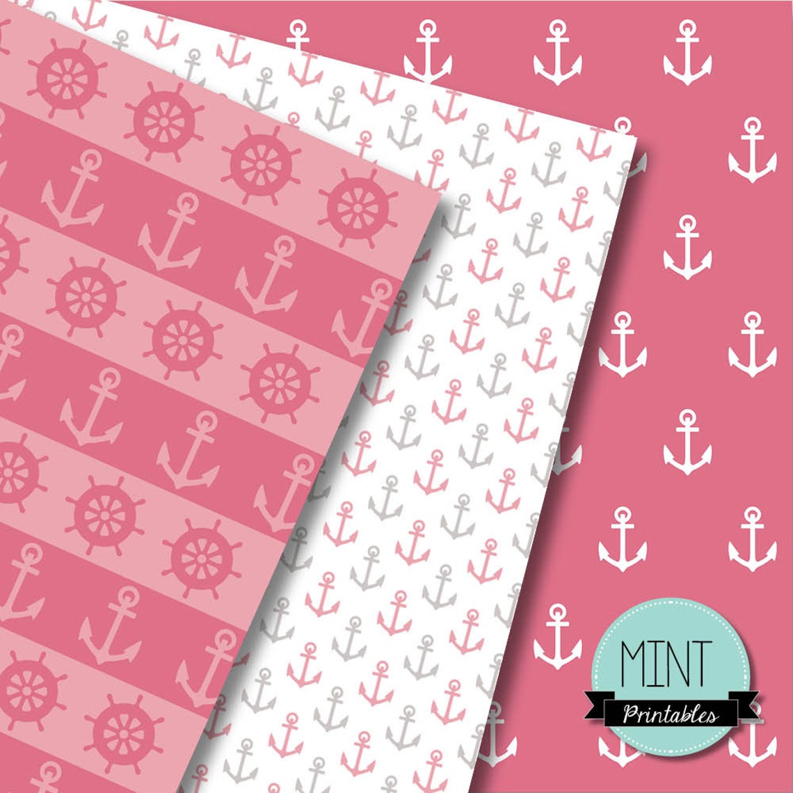 Nautical Digital Paper Pink and Navy Scrapbooking Paper - Etsy