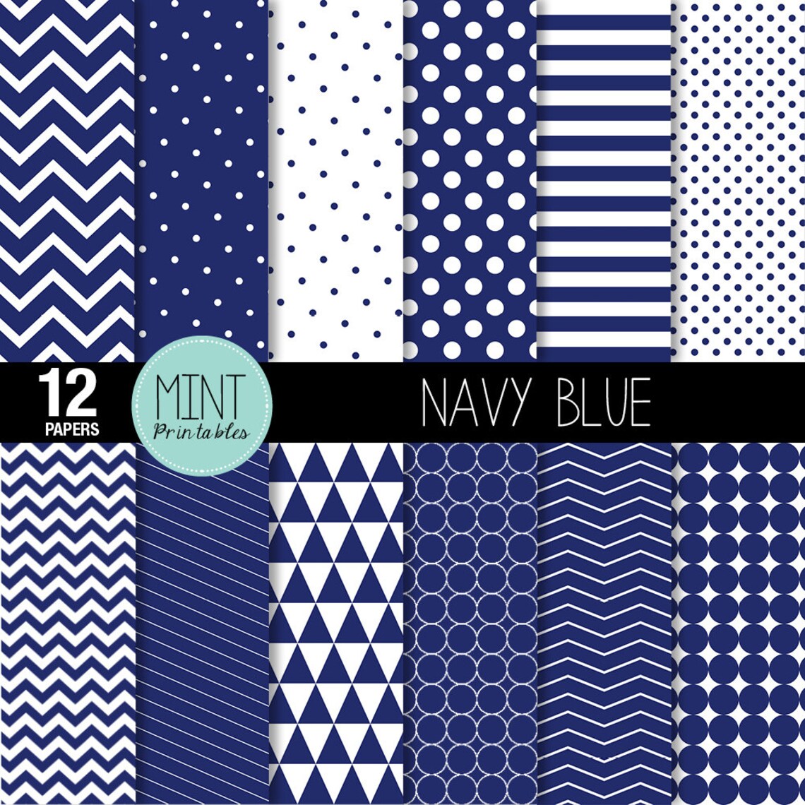 Navy and White Scrapbooking Paper, Digital Paper, Patterned Paper ...