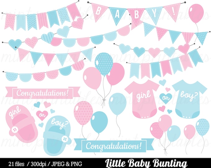 Baby Shower Clipart Girl Boy Gender Reveal Blue Pink Bunting - Etsy