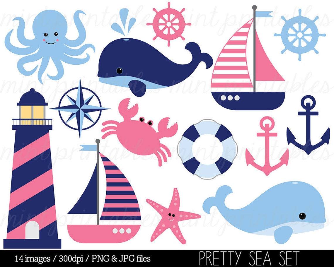 Nautical Clipart Clip Art Anchor Clipart Blue Pink Whale - Etsy