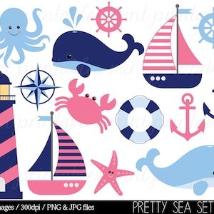 Nautical Clipart Clip Art Anchor Clipart Blue Pink Whale | Etsy