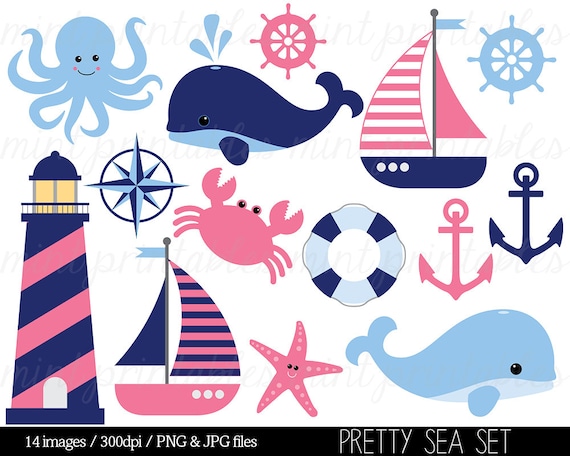 Nautical Clipart Clip Art Anchor Clipart Blue Pink Whale - Etsy