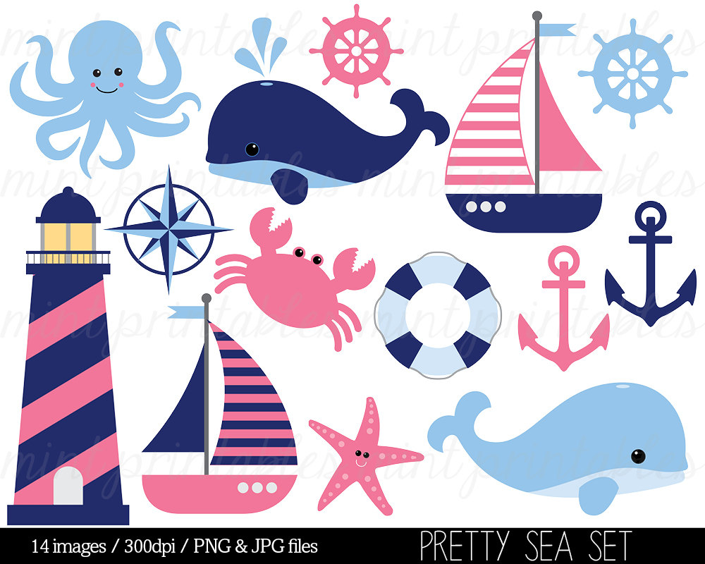 Nautical Clipart Clip Art Anchor Clipart Blue Pink Whale - Etsy