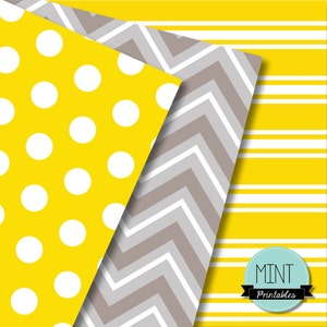 Digital Paper Pack, Yellow and Grey, Polka Dots, Chevrons, Stripes for ...