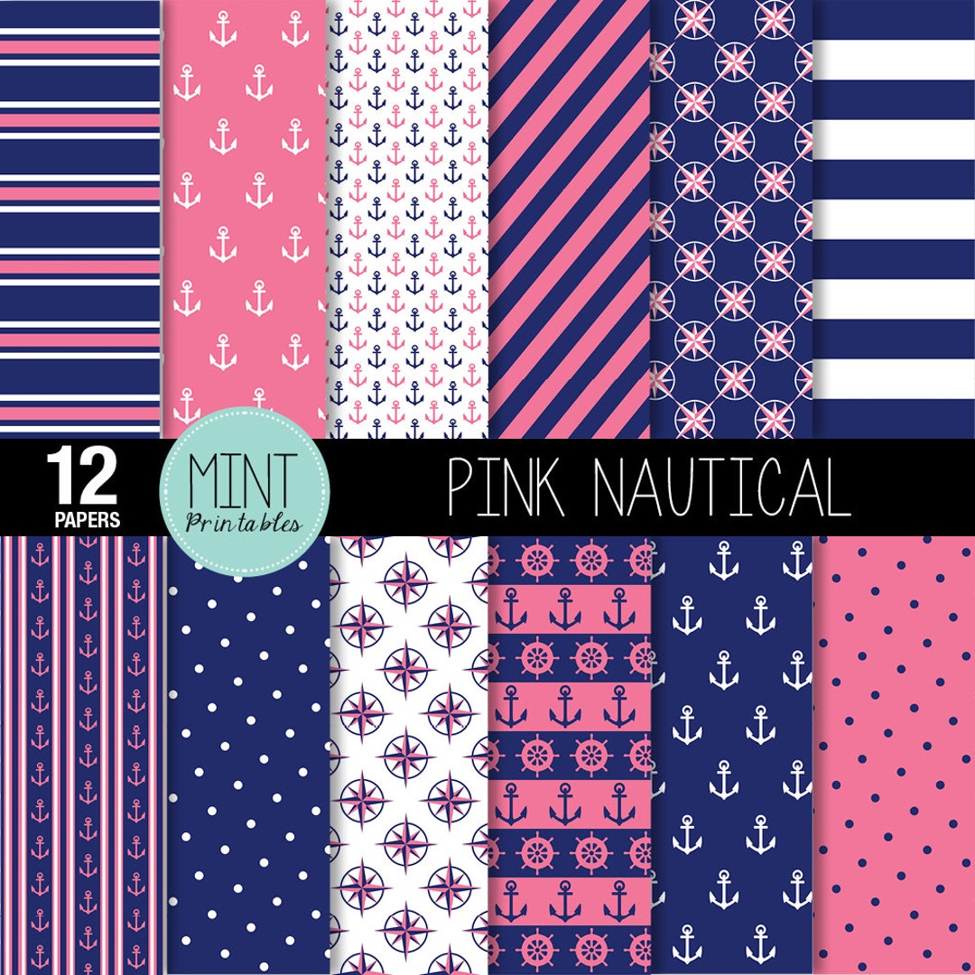 Nautical Digital Paper, Pink and Navy Scrapbooking Paper, Anchor ...