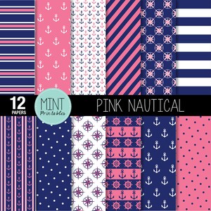 Nautical Digital Paper, Pink and Navy Scrapbooking Paper, Anchor ...
