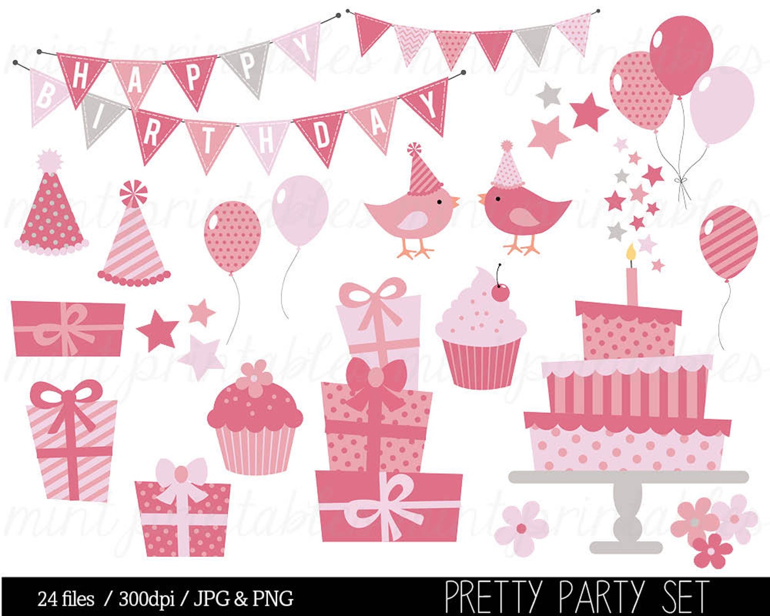 Birthday Clipart Pink Birthday Girl Digital Clip Art Bunting | Etsy