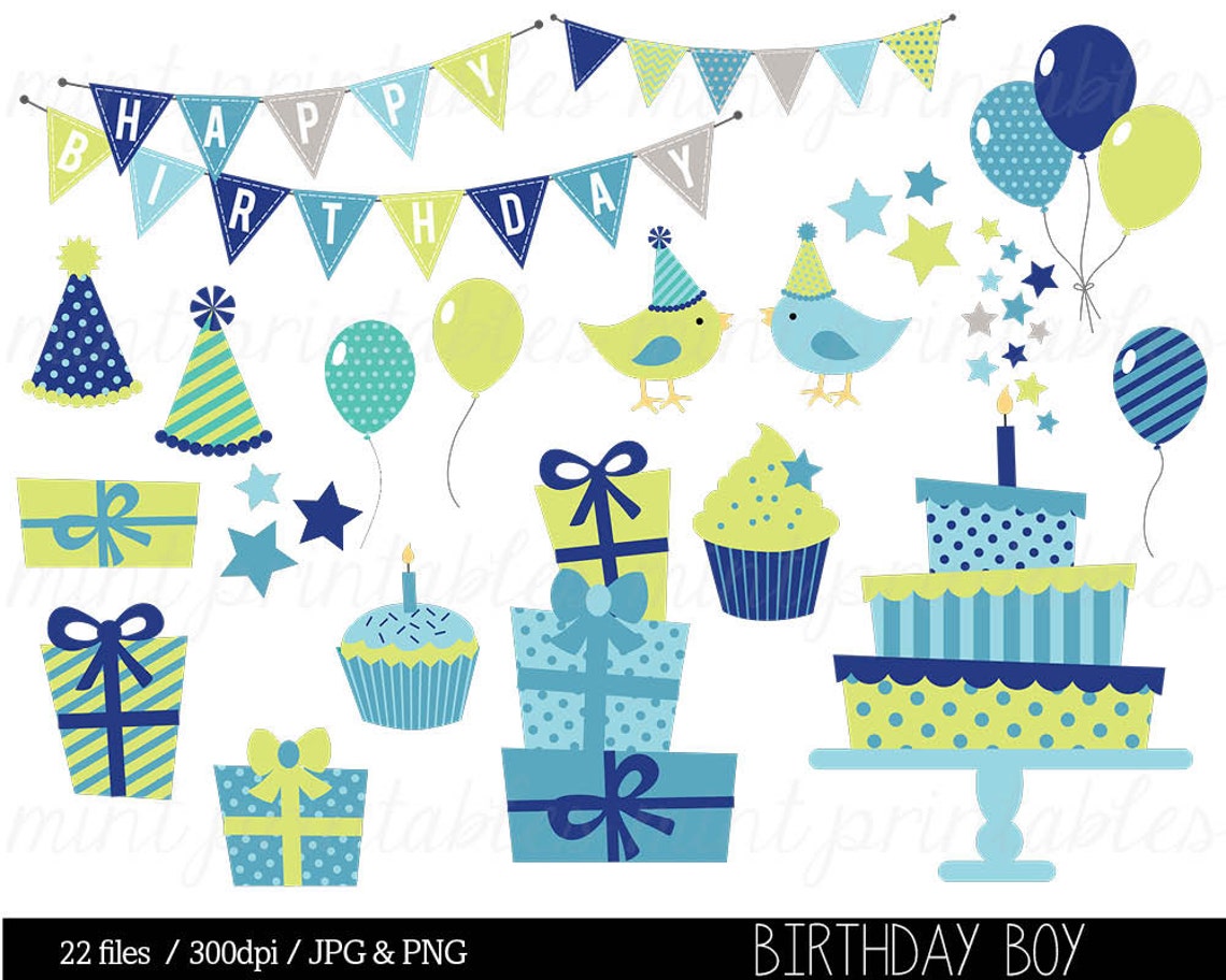 Boy Birthday Clipart Blue Birthday Digital Clip Art Bunting - Etsy