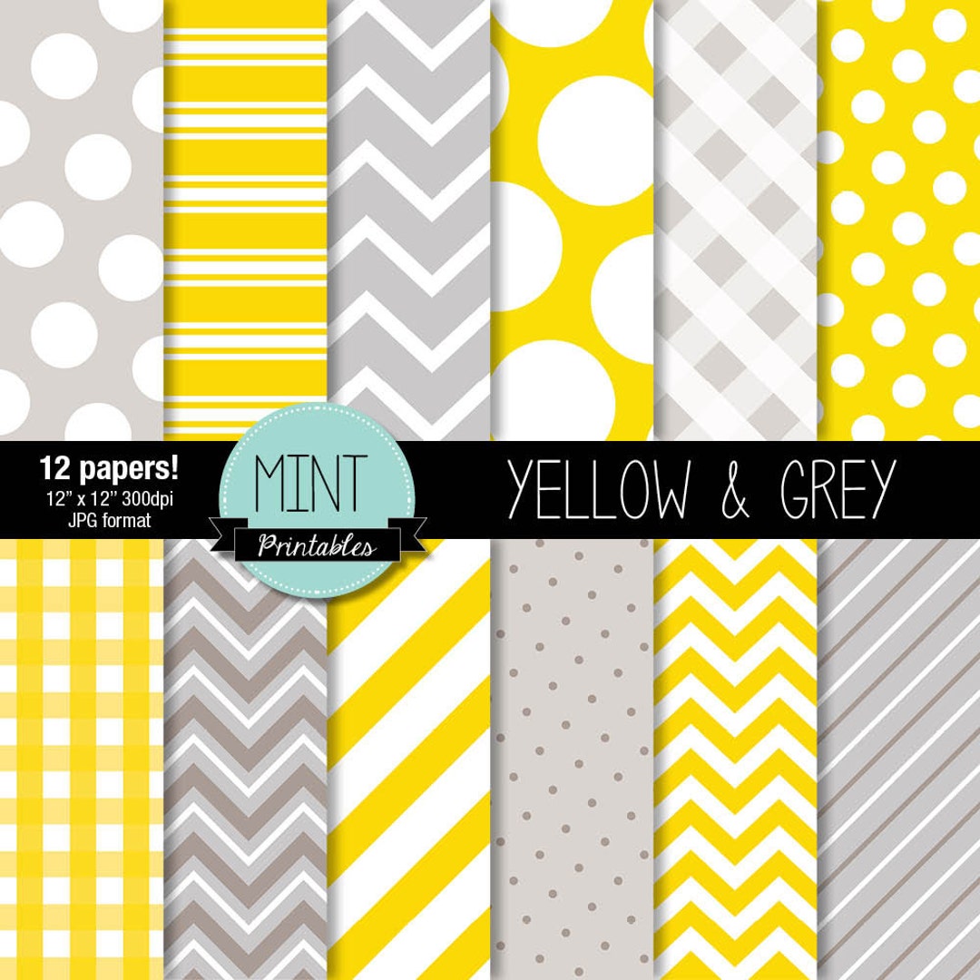 Digital Paper Pack, Yellow and Grey, Polka Dots, Chevrons, Stripes for ...