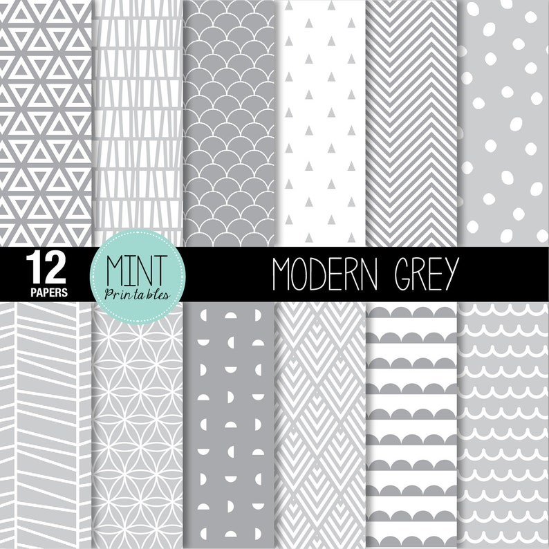 Grey Gray White Digital Paper, Geometric Pattern Modern Chevron ...