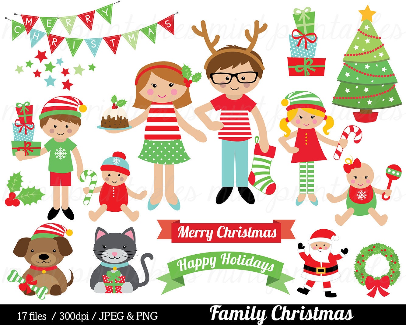 Christmas Family Clipart Christmas Clip Art tree festive | Etsy