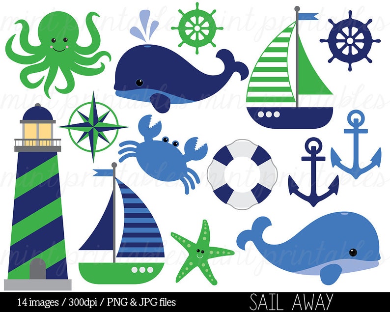 Nautical Clipart Clip Art, Anchor Clipart, Whale Clipart, Sailing Ocean ...