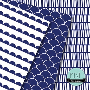 Navy and White Scrapbooking Paper, Digital Paper, Geometric Pattern ...
