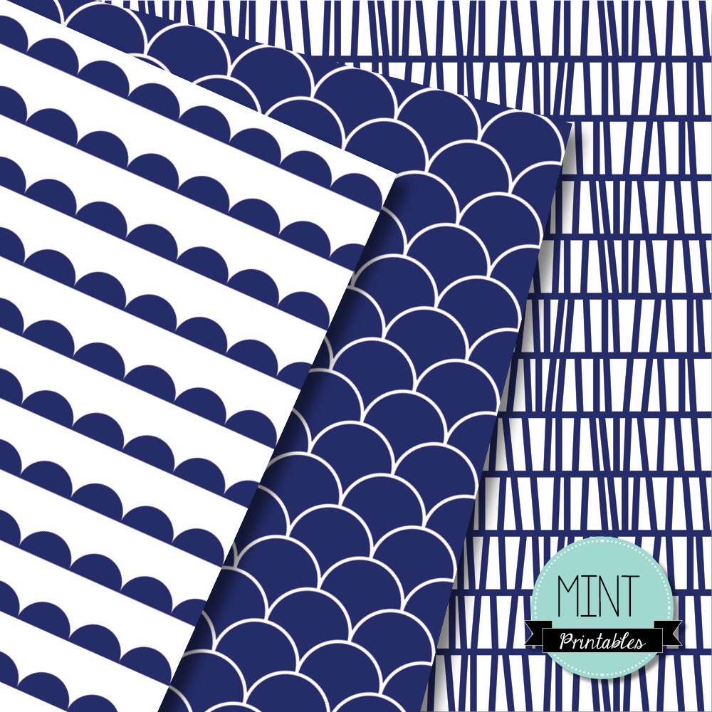 Navy and White Scrapbooking Paper Digital Paper Geometric | Etsy